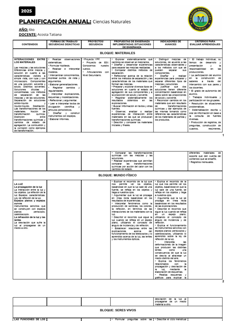 Planificación Anual CN - 6to 2025 | PDF | Ligero | Espejo