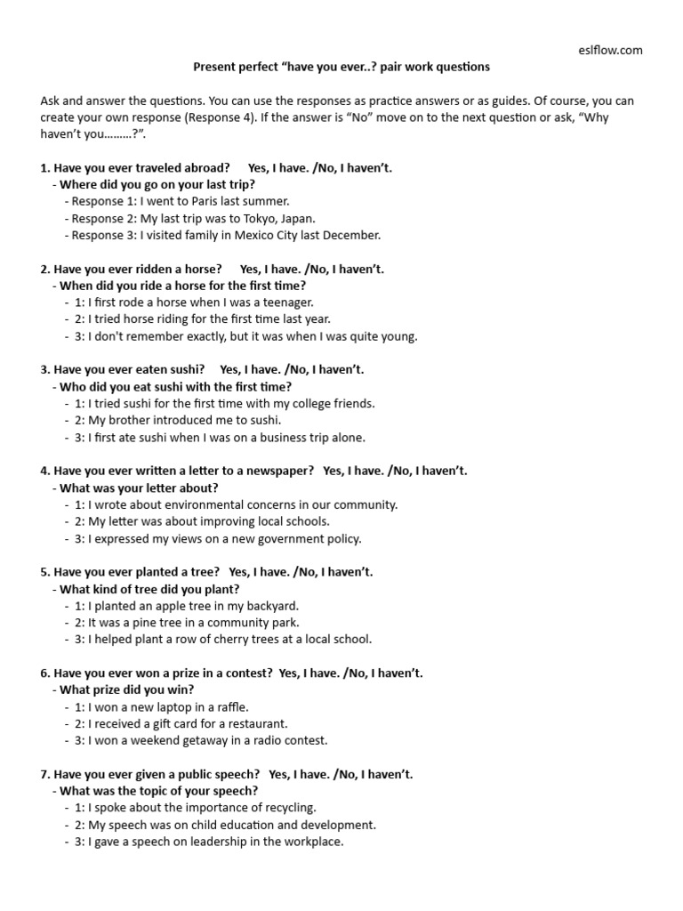 Present Perfect Yes/No Questions Guide | PDF
