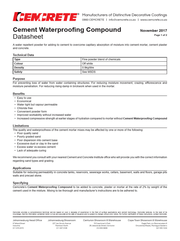 cement_waterproofing_compound_datasheet | PDF | Concrete | Mortar (Masonry)