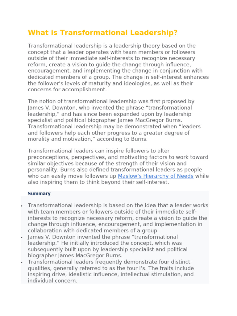 What is Transformational Leadership | PDF | Transformational Leadership | Leadership