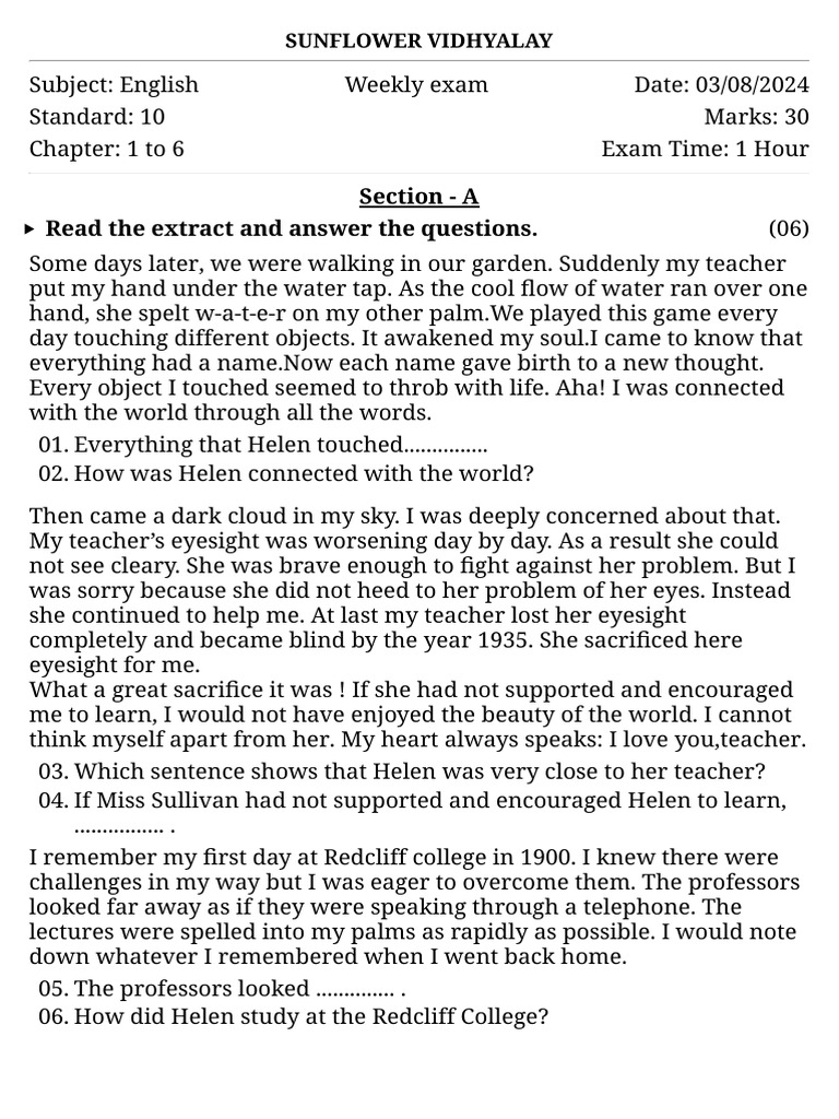 Weekly English Exam for Standard 10 | PDF