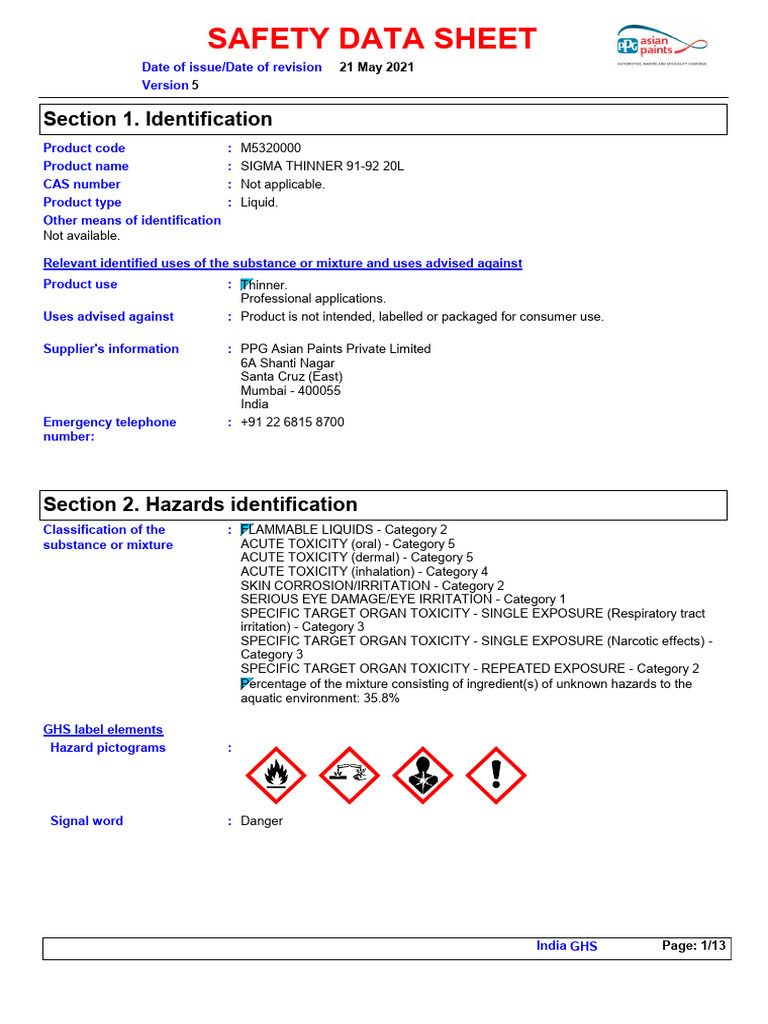 Sigma Thinner 91-92 Safety Data Sheet | PDF | Toxicity | Occupational ...