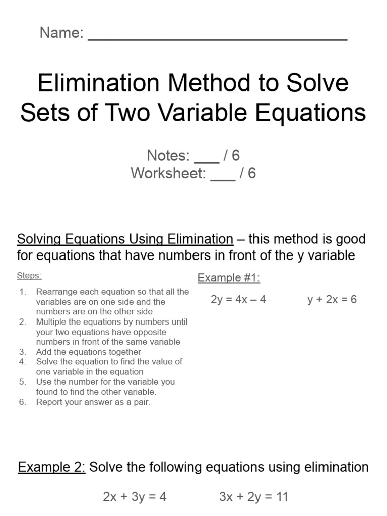 Elimination in 2 Variable Equations | PDF