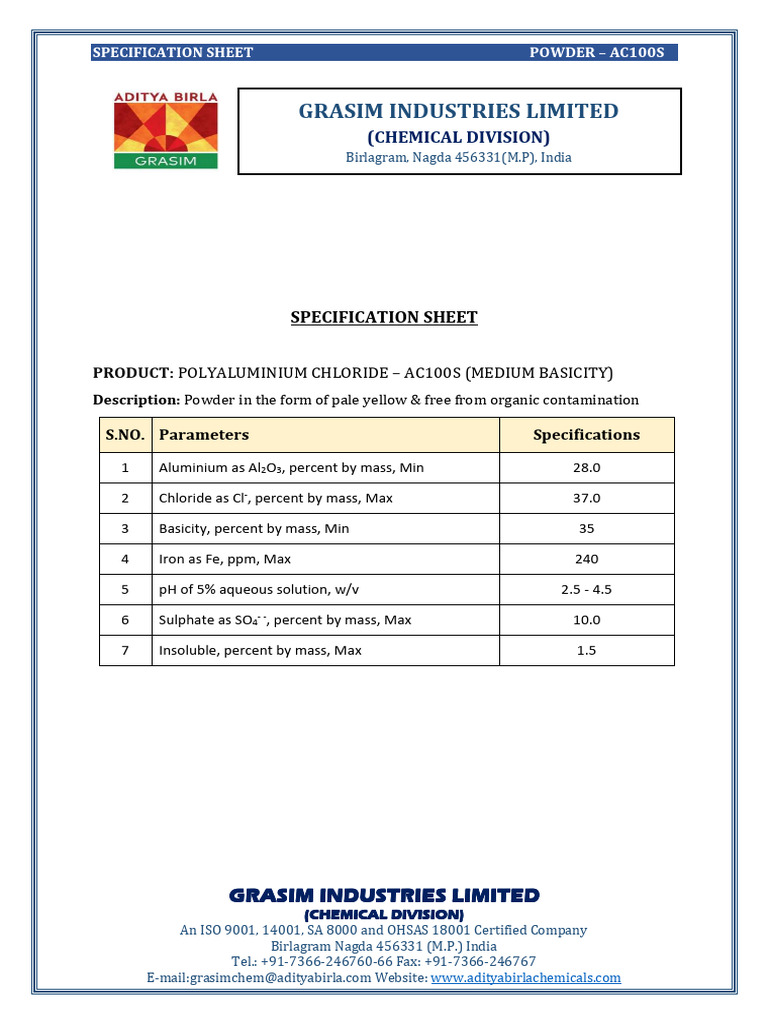 Specification Sheet-PAC Powder AC100S | PDF