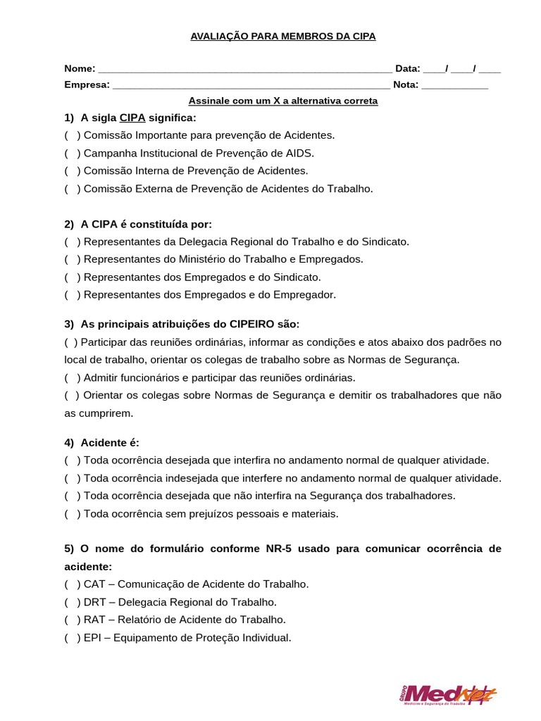 Avaliação para Membros da CIPA | PDF