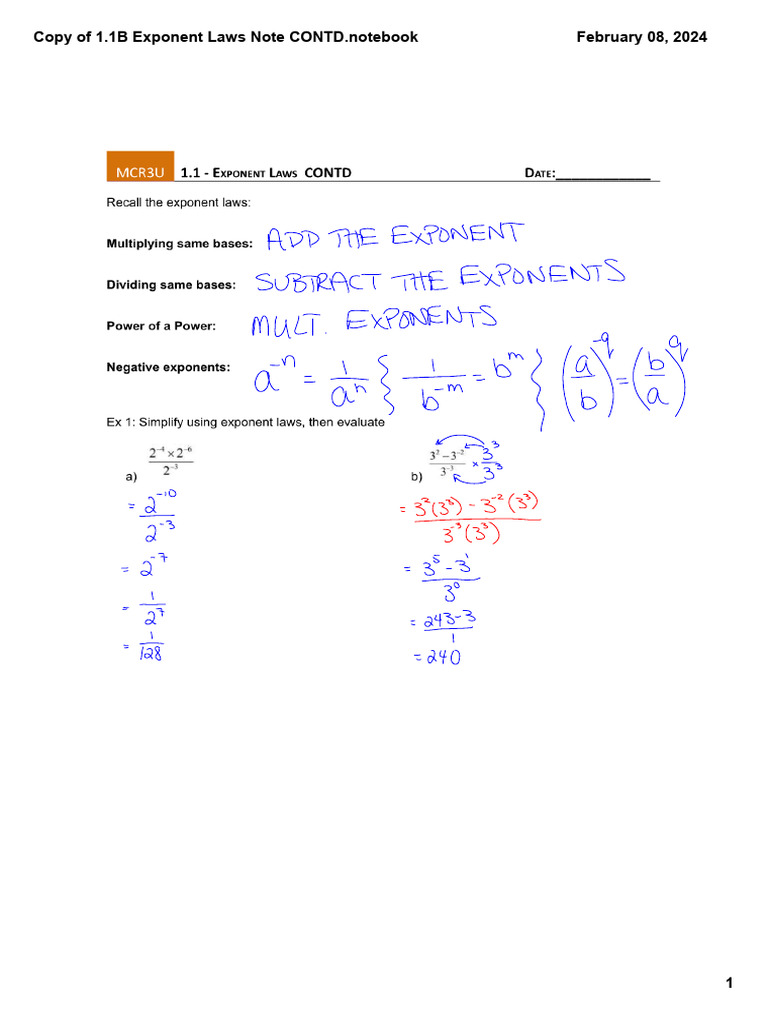 MCR 1.1B Exponent Laws | PDF