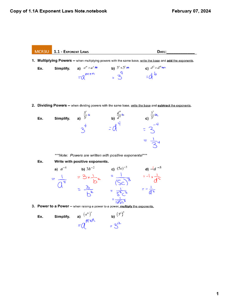 Exponent Laws Study Notes | PDF