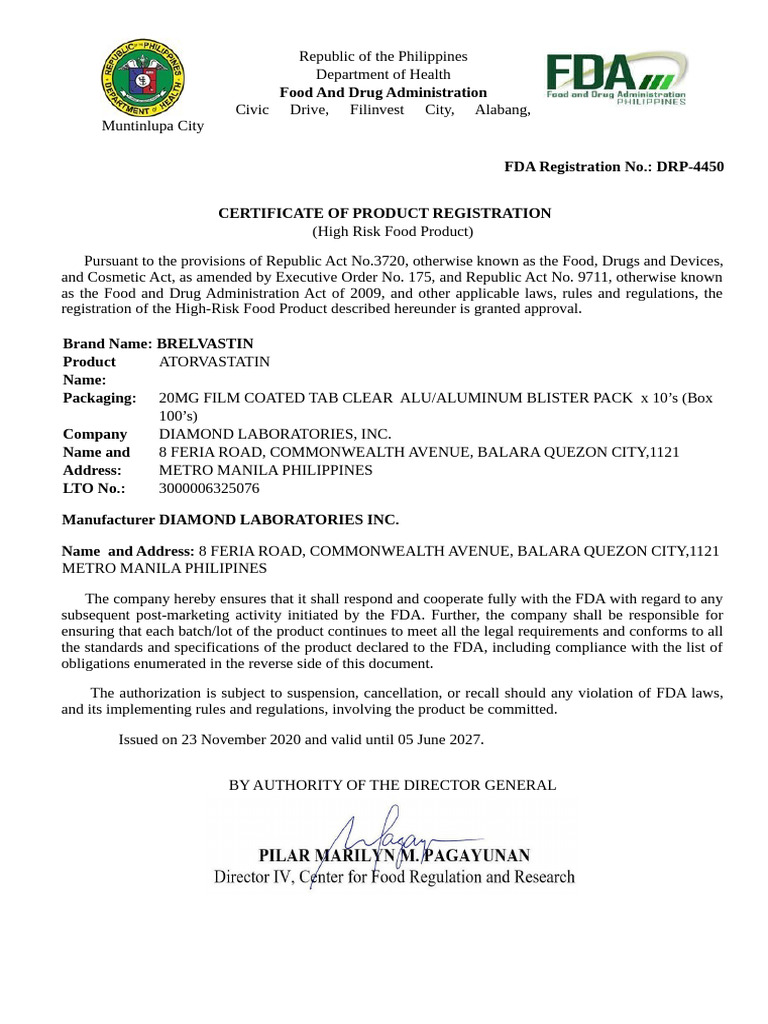 Brelvastin 20mg FDA Registration Certificate | PDF | Food And Drug ...