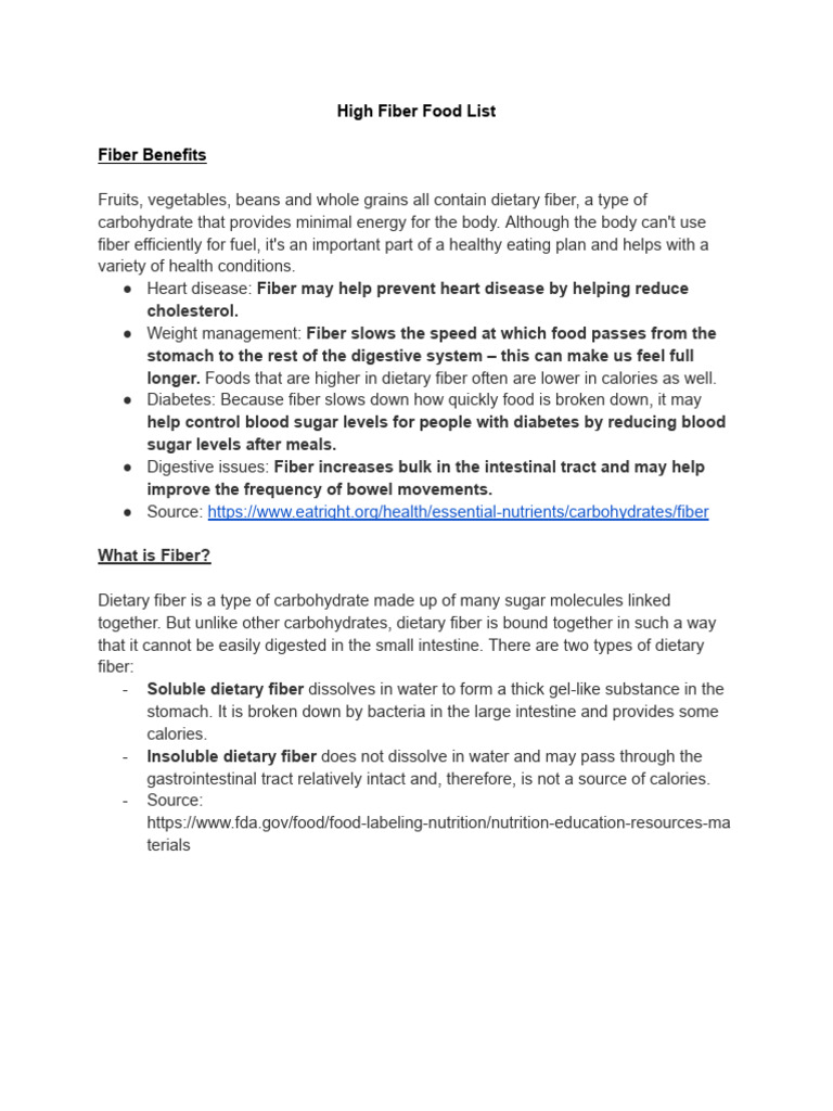 High Fiber Food List | PDF | Dietary Fiber | Diet & Nutrition