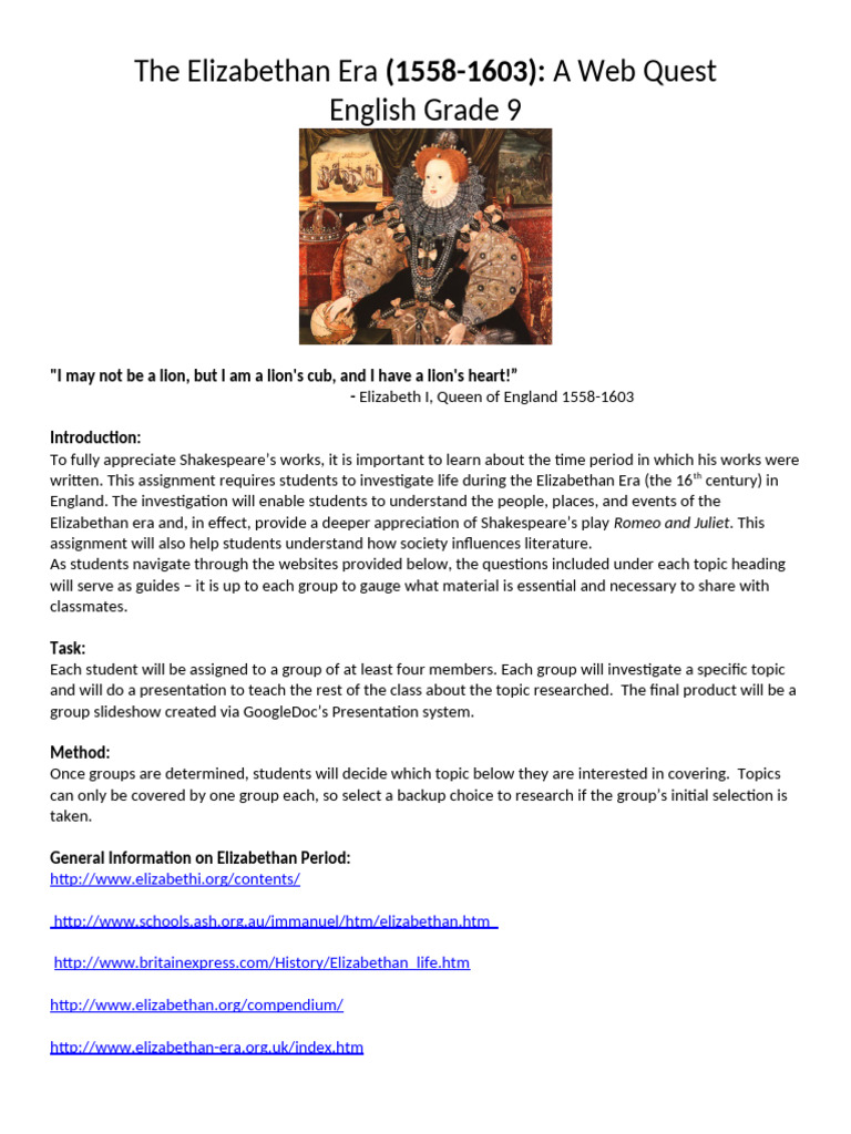 Elizabethan Era Webquest | PDF | Elizabethan Era