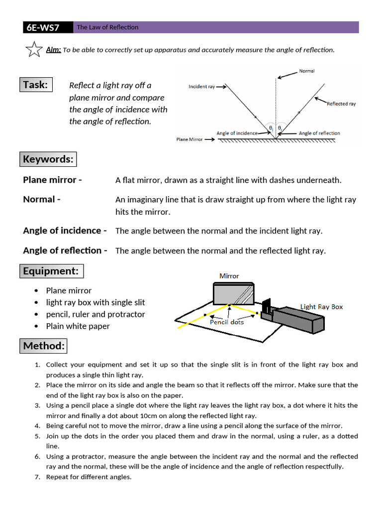 6E WS7 The Law of Reflection | PDF | Reflection (Physics) | Mirror