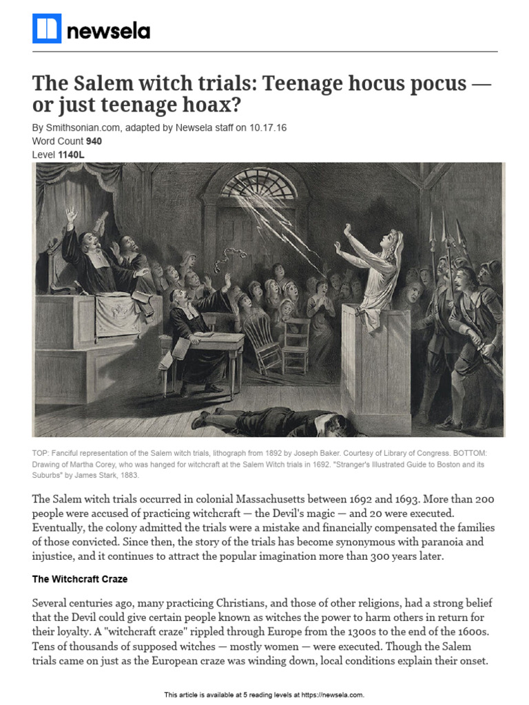 Salem Witch Trials Article Newsela | PDF | Witchcraft | Witch Trials