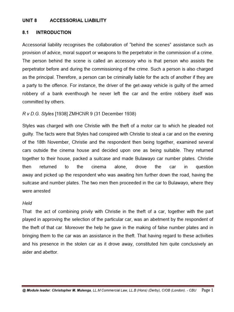 Criminal Law Unit 8 Accessorial Liability | PDF | Aiding And Abetting | Mens Rea