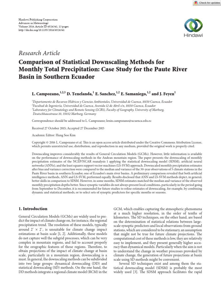 Advances in Meteorology - 2016 - Campozano - Comparison of Statistical Downscaling Methods For ...
