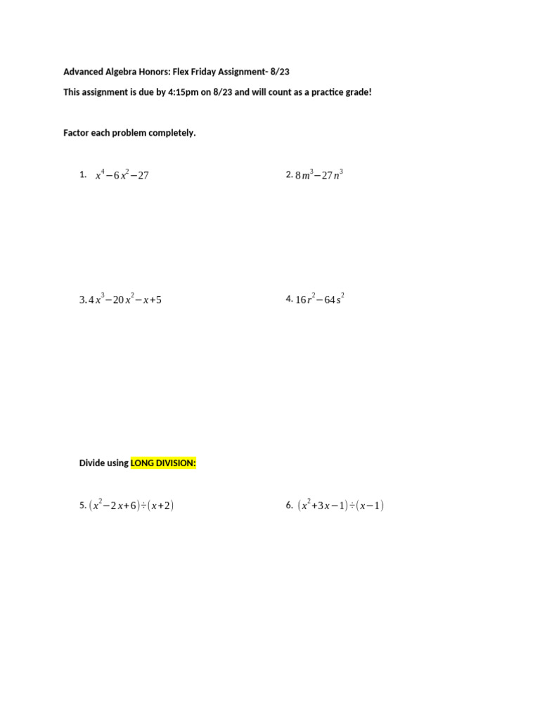Advanced Algebra Honors Assignment 8/23 | PDF