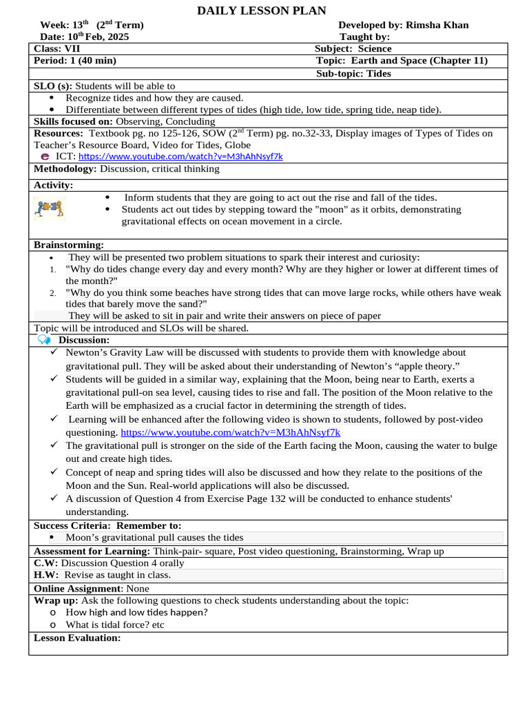 VII Week-13th (24-25) Science DLP.. | PDF | Tide | Earth