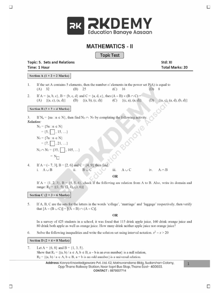 XI MATH II CH 5 Sets & Relation | PDF