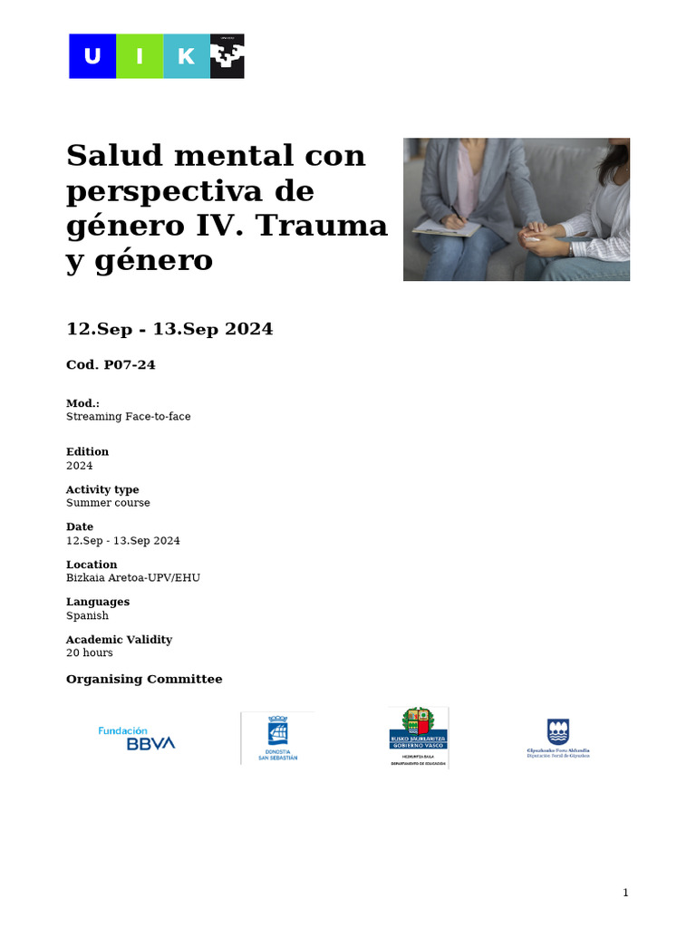 UIK-Salud Mental Con Perspectiva de Género IV. Trauma y Género-2024-11-15 | PDF | Psicoterapia ...