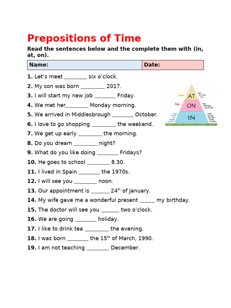 Prepositions of Time Worksheet | PDF