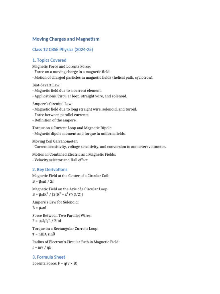 Class 12 Moving Charges & Magnetism Notes | PDF | Magnetic Field ...