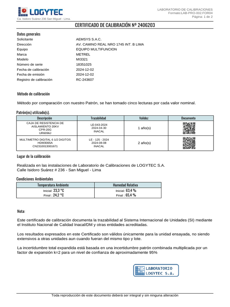 2406203 EQUIPO MULTIFUNCION METREL MI3321 18351025 AEMSYS S.A.C. | PDF ...