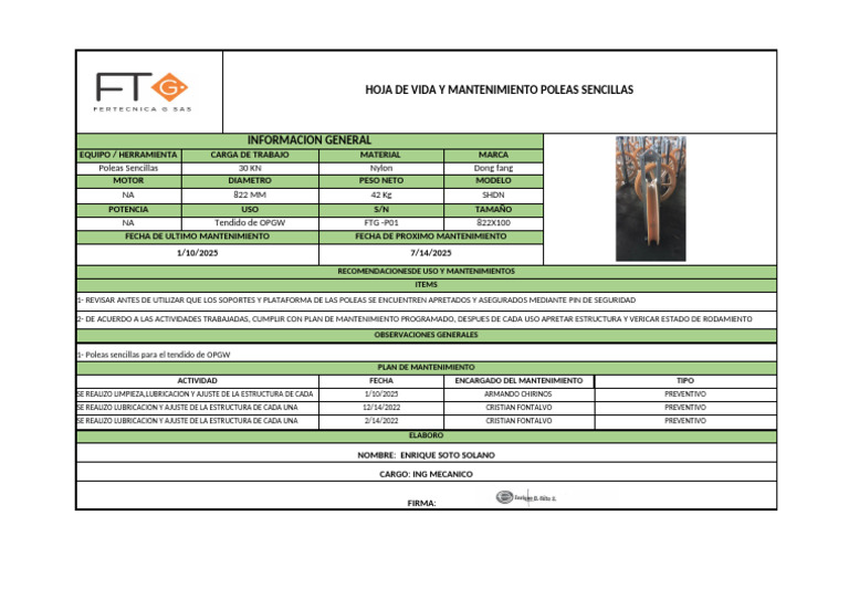 Formato Hoja de Vida Poleas Sencillas FTG-P01 | PDF