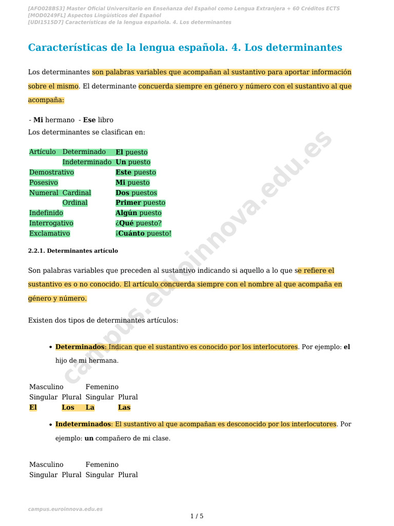 Tipos de Determinantes en Español | PDF | Sustantivo | Género gramatical