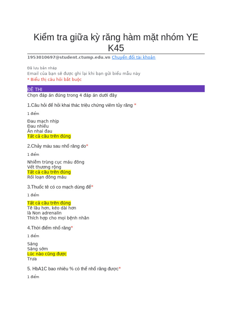 Kiểm tra giữa kỳ răng hàm mặt nhóm YE K45 | PDF