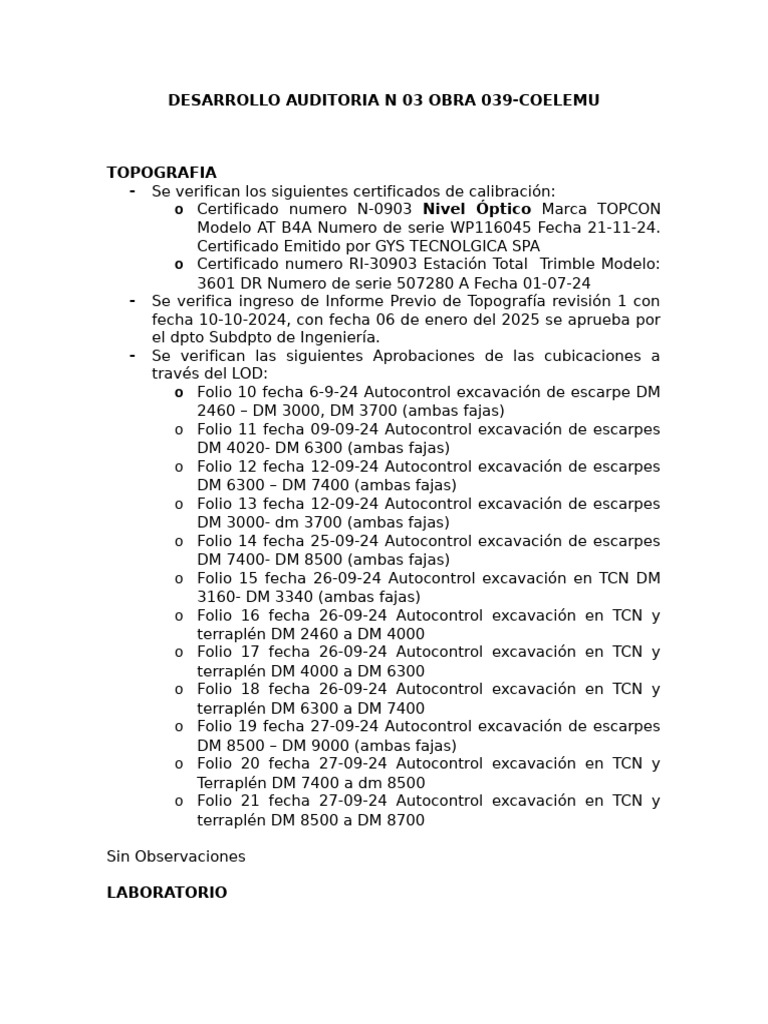 Auditoría de Calidad y Seguridad en Obra 039-COELEMU | PDF