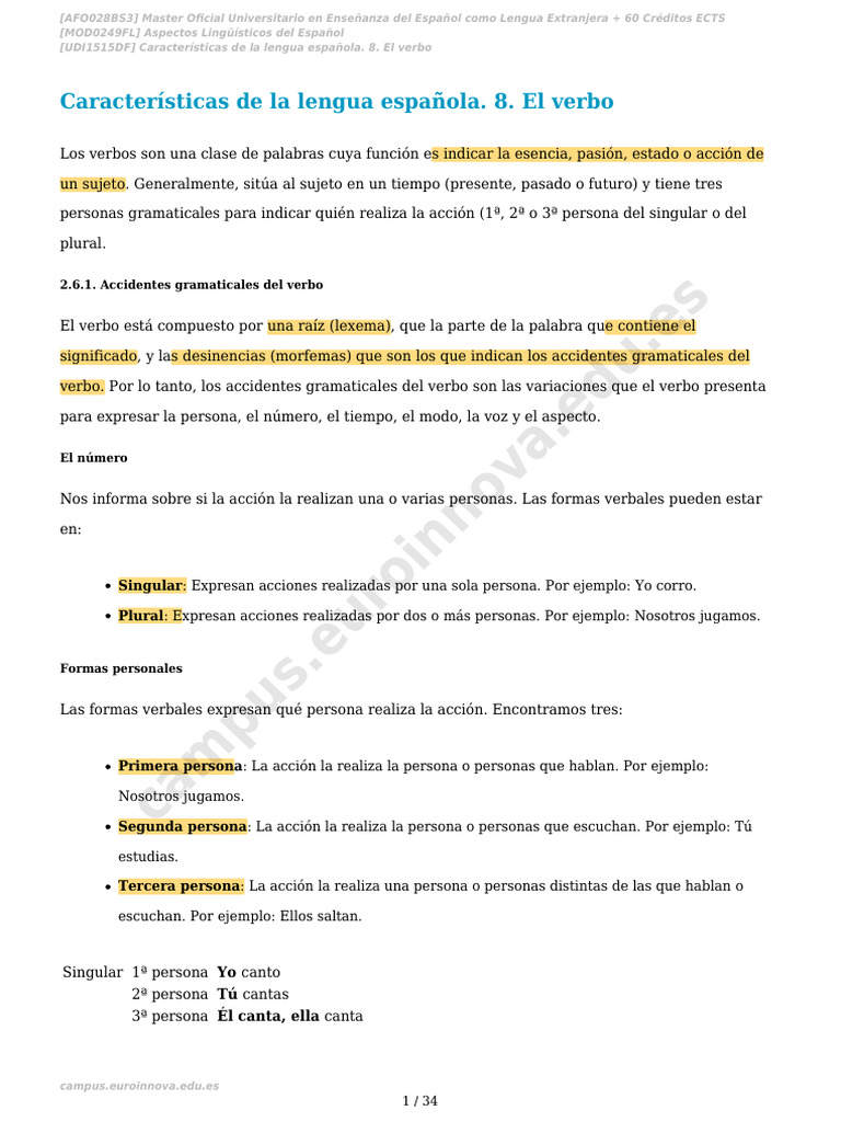 Características del Verbo en Español | PDF | Verbo | Conjugación gramatical
