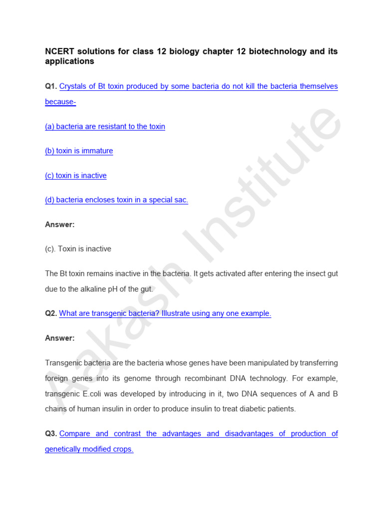 NCERT Solutions: Biotechnology Class 12 | PDF | Genetic Engineering ...