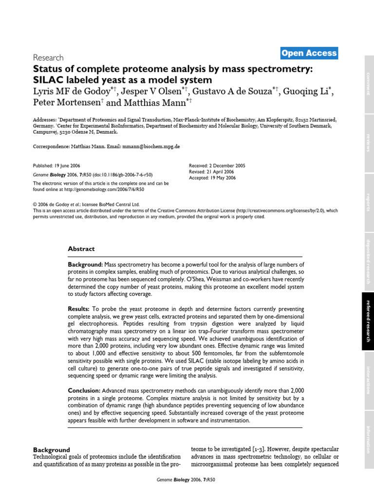 2006 GenomeBiology Status Complete Proteome Analysis by MS | PDF | Mass ...