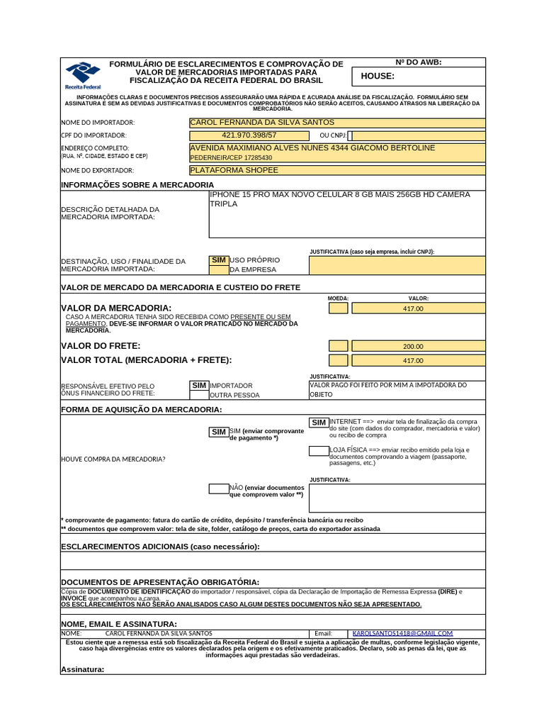 Formulario de RCV - Comprovação de Valor RFB (00A) | PDF