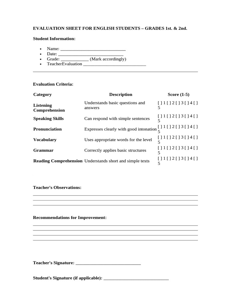 English Evaluation Sheet for Grades 1-2 | PDF