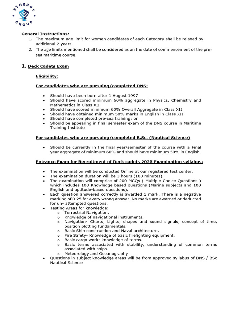 Deck Cadets Exam 2025 Eligibility & Details | PDF | Multiple Choice | Qualifications