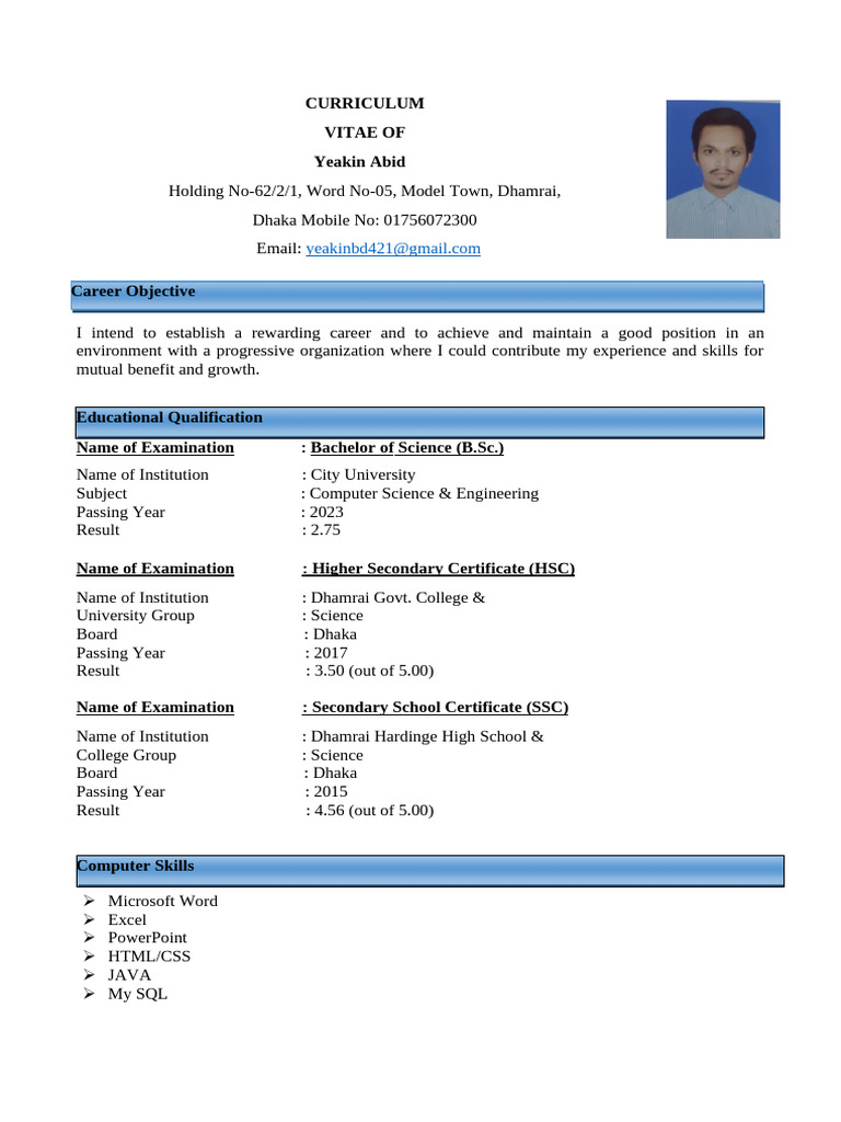 Yeakin Abid's CV: Computer Science Graduate | PDF