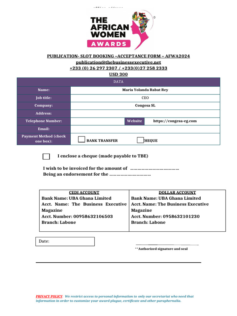AFWA 2024 Publication Slot Booking Form | PDF