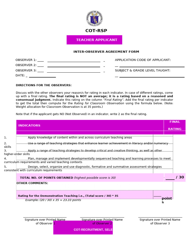 Annex M COT RSP Inter Observer Agreement Form | PDF | Curriculum | Educational Assessment