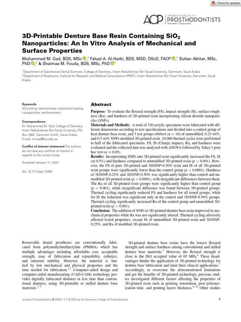 Journal of Prosthodontics - 2022 - Gad - 3D Printable Denture Base ...