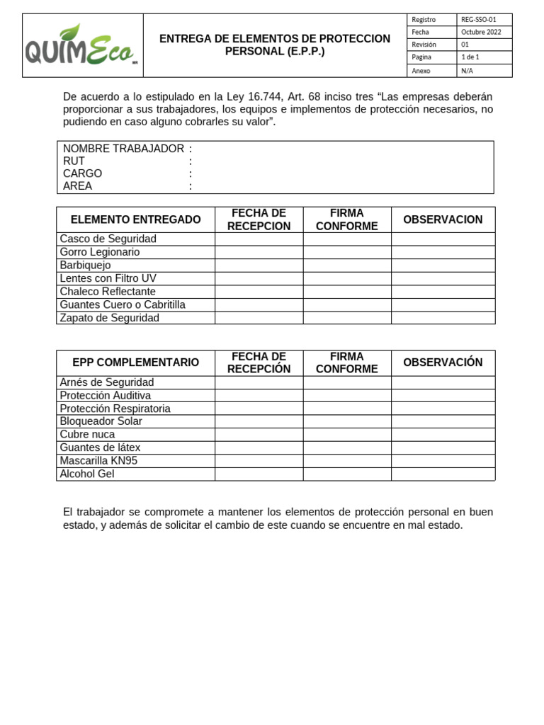 REG-SSO-01 Entrega EPP QUIMECO | PDF