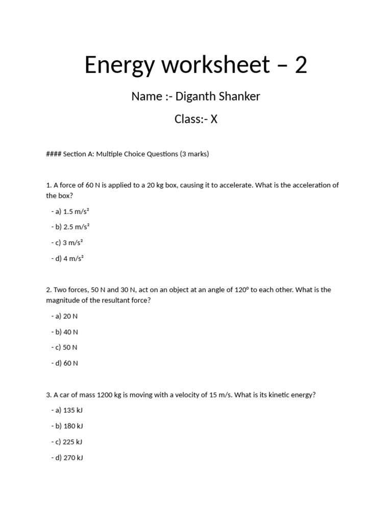 Energy worksheet 2 | PDF | Force | Mass