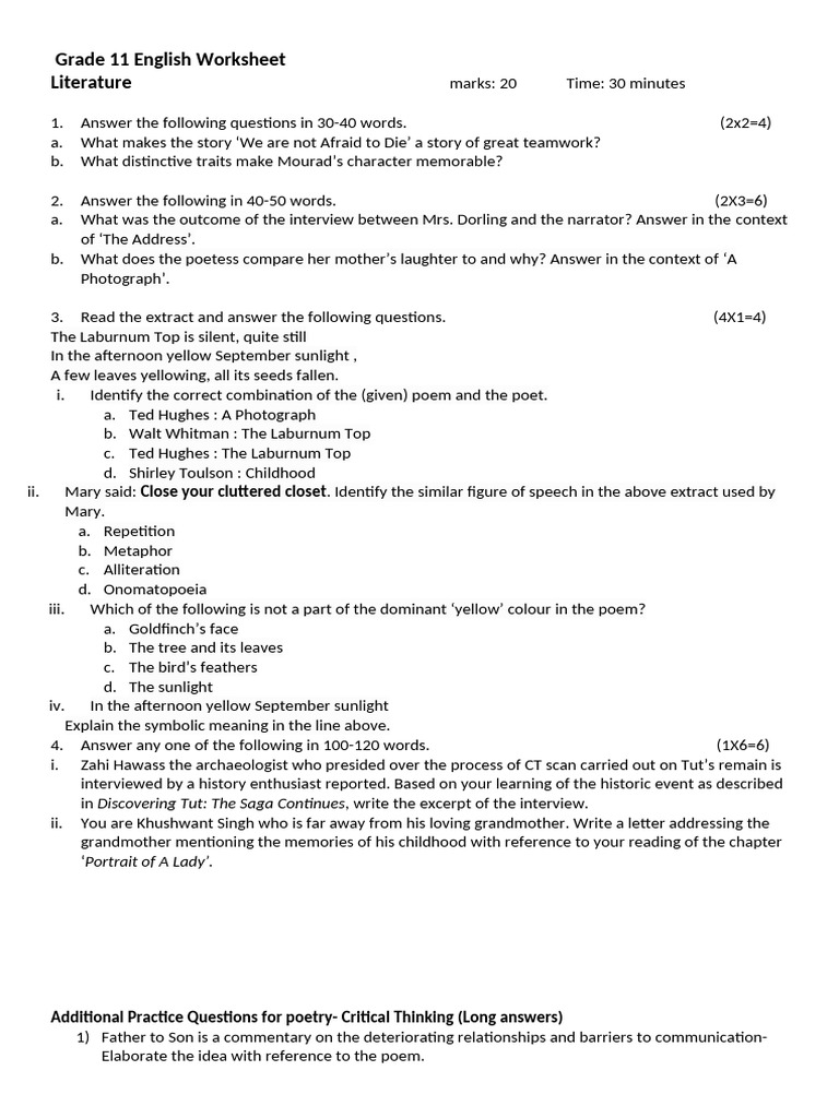 Grade 11 English Worksheets Literature - Practice | PDF | Poetry