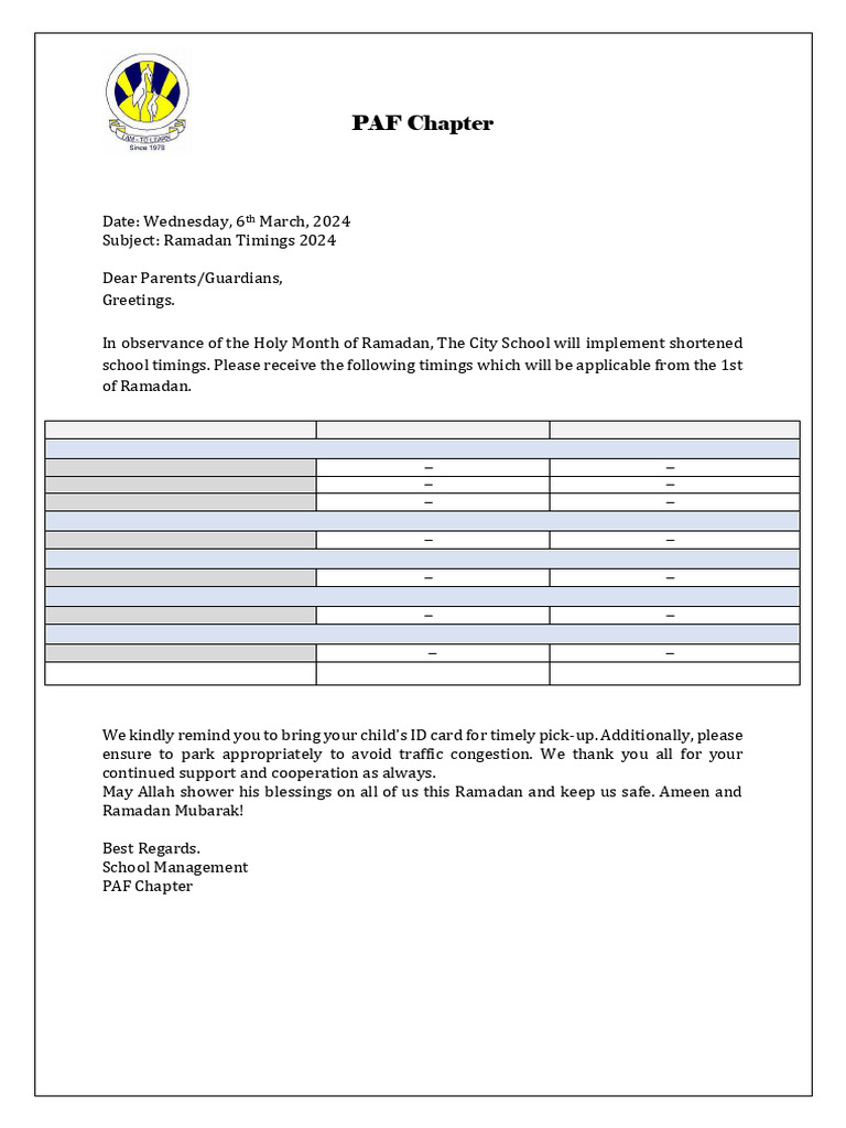 Circular - TCS-PAF Ramzan Timings 2024 | PDF