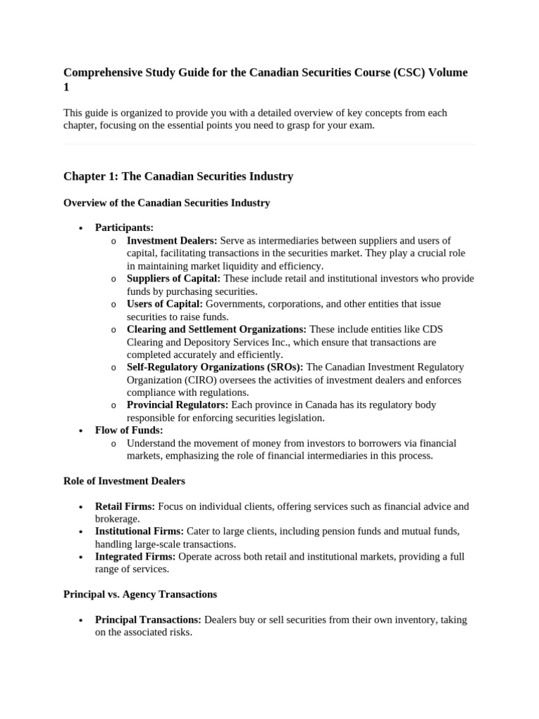 Comprehensive Study Guide For The Canadian Securities Course | PDF ...