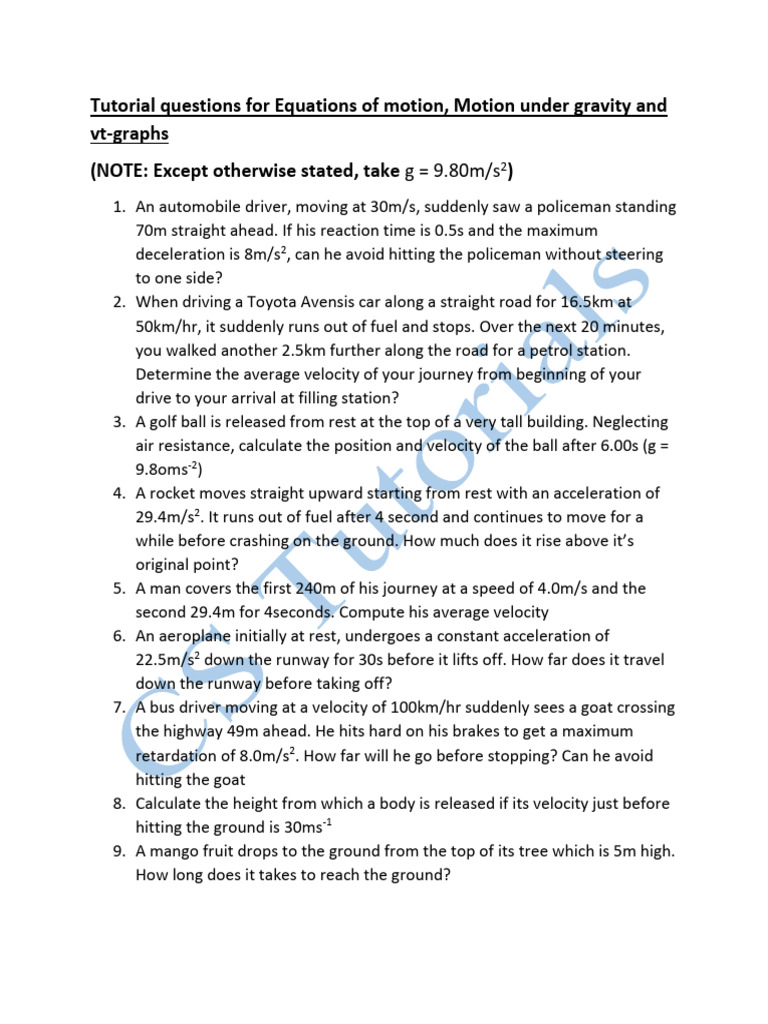 PHY 101 TQ - Equations of Motion | PDF | Acceleration | Motion (Physics)