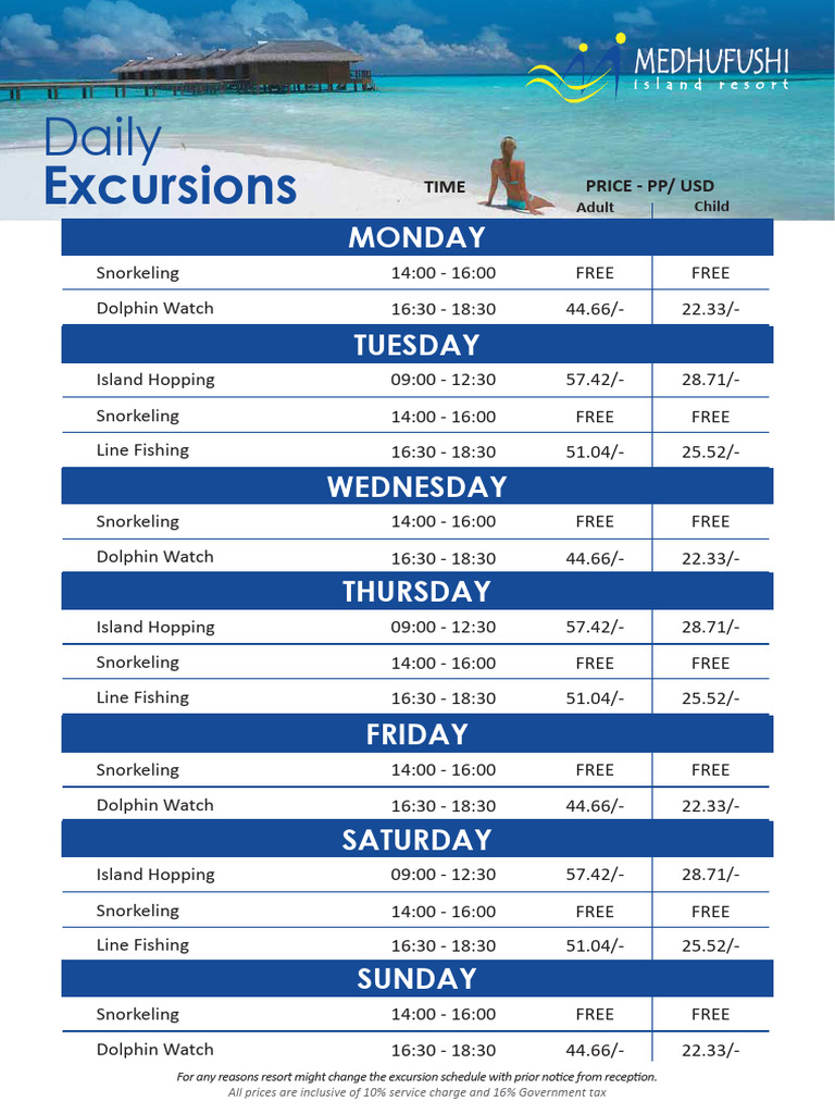 Medhufushi Daily Excursions Rates 2023 Low | PDF
