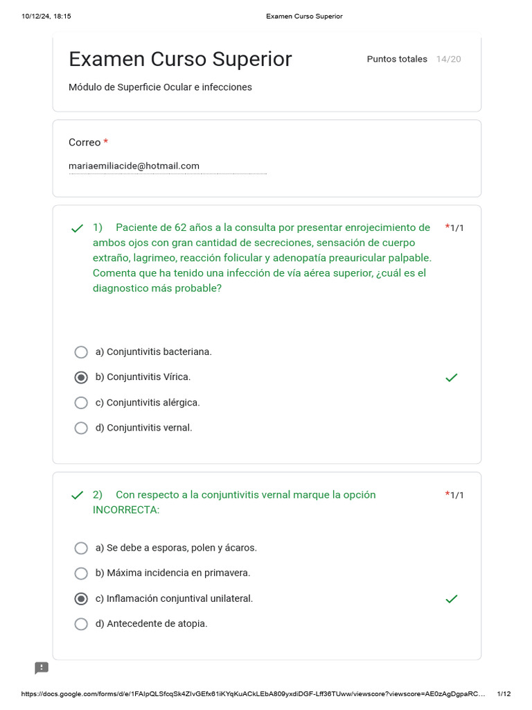Examen Curso Superior Superficie Ocular | PDF | Enfermedades y ...