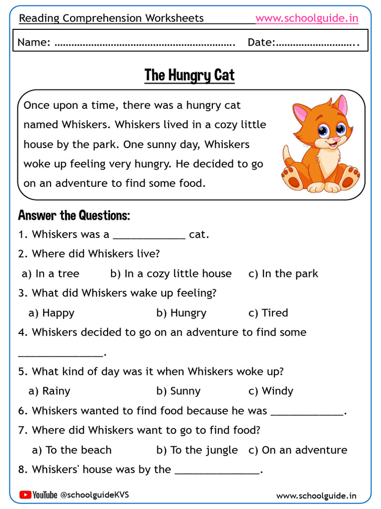 Whiskers' Adventure: Comprehension Worksheet | PDF