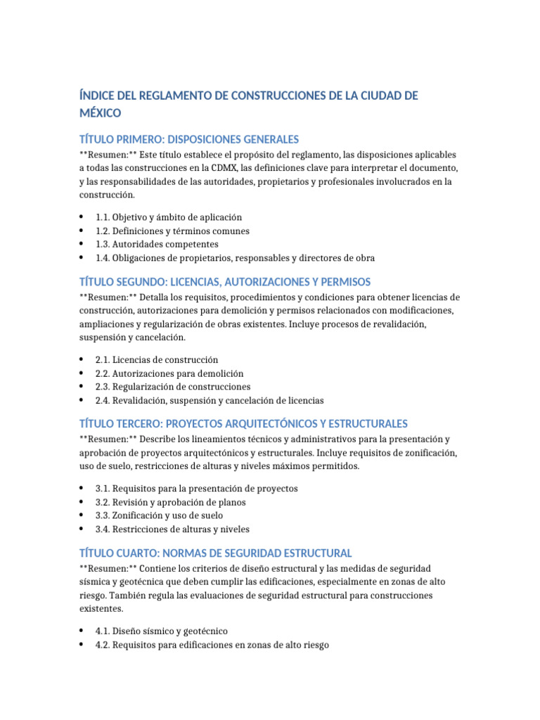 Ejemplo de Indice - Reglamento - Construcciones - CDMX | PDF