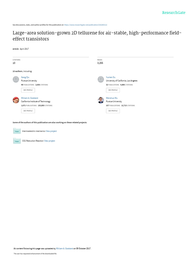 2D Tellurene for High-Performance FETs | PDF | Raman Spectroscopy ...